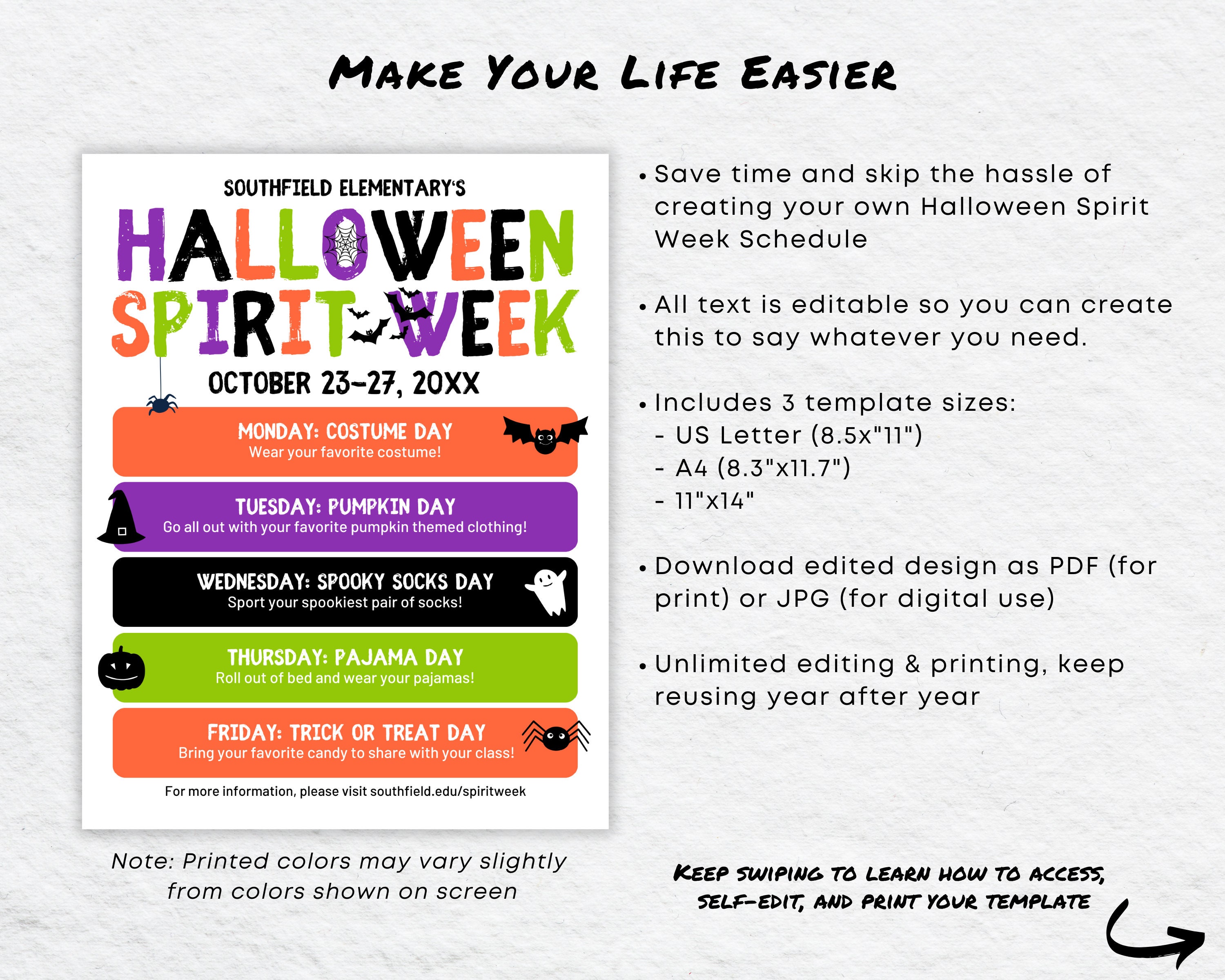 Editable Halloween Spirit Week Flyer: School Theme Days (canva, Digital ...