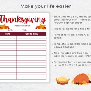 Thanksgiving Potluck Sign up Sheet for Holiday Potluck Party, Canva - Etsy
