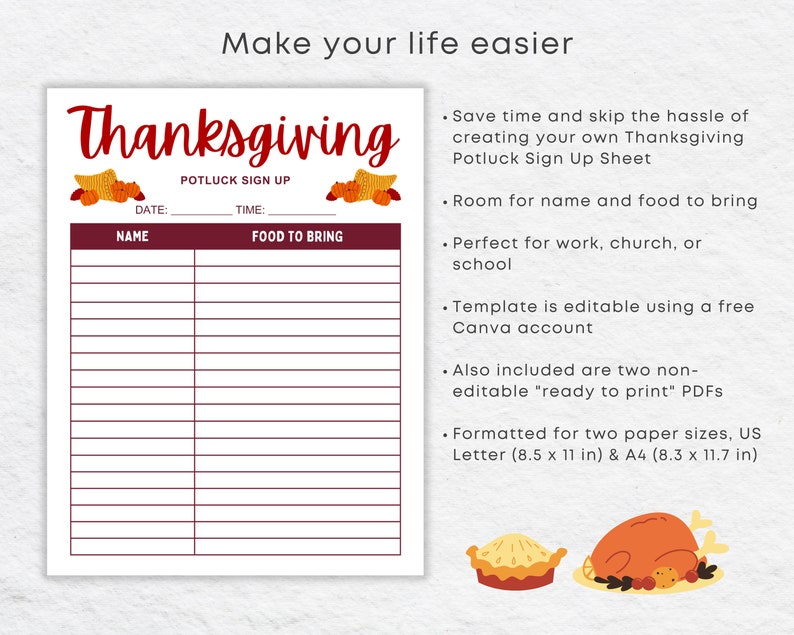 Thanksgiving Potluck Sign up Sheet for Holiday Potluck Party, Canva - Etsy