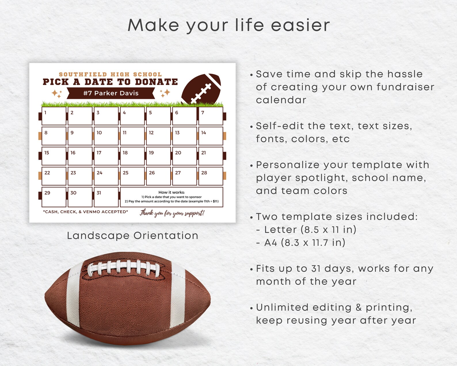 Editable Football Donation Calendar | Pick a Date to Donate Fundraiser ...