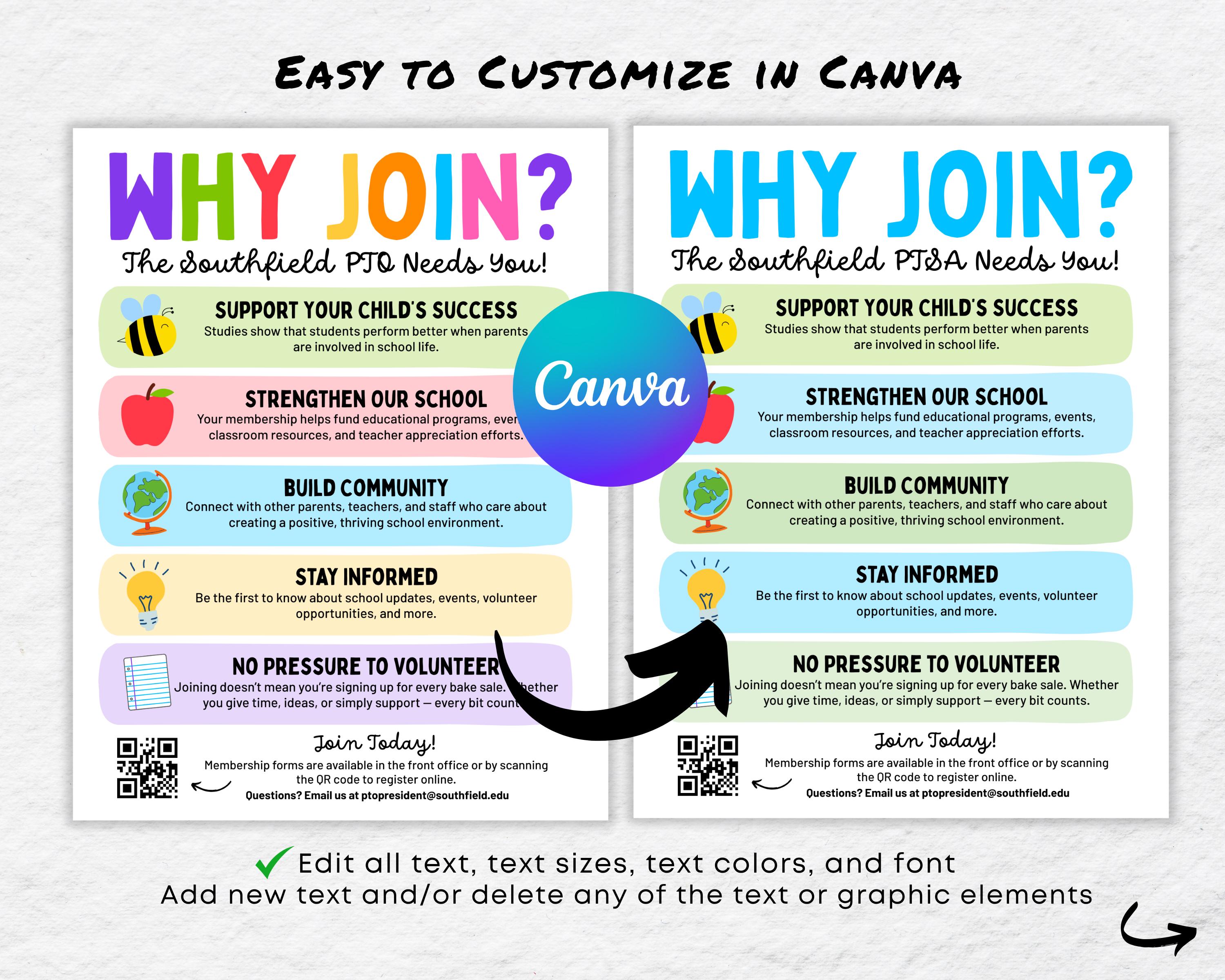 Editable Why Join the PTO PTA Flyer Template: Volunteer Recruitment ...