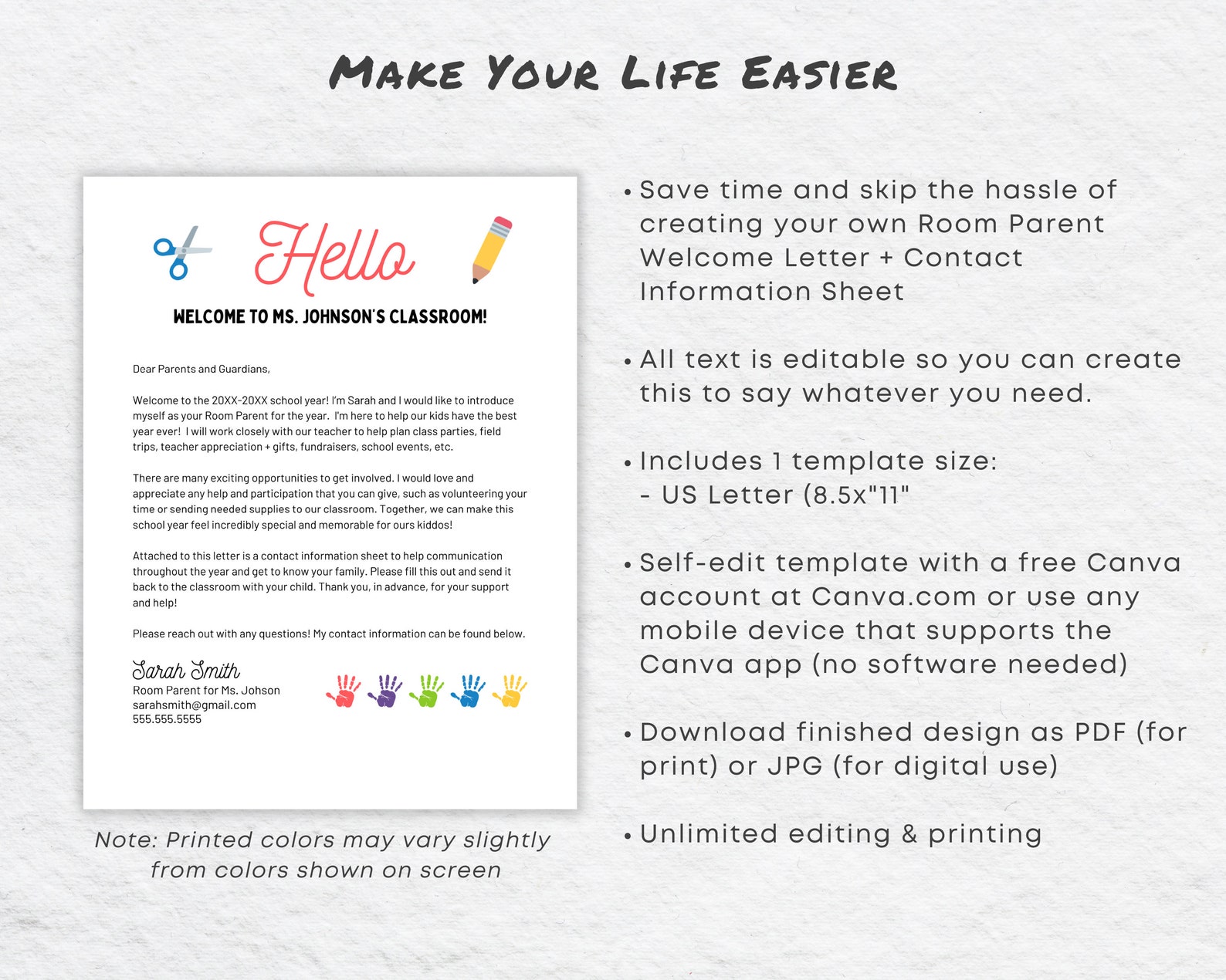 Editable Room Parent Welcome Letter Template & Contact Info (canva ...