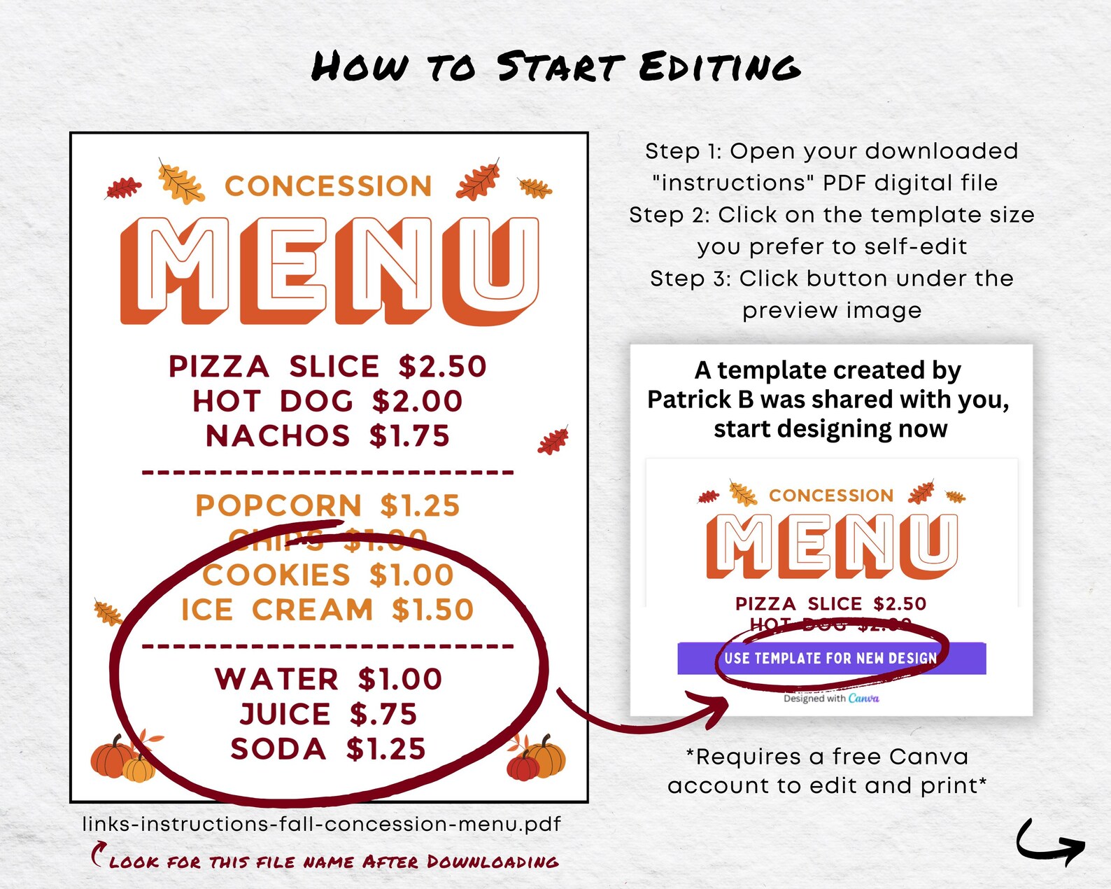 Editable Fall Concession Stand Menu Template: Printable Sign (canva ...