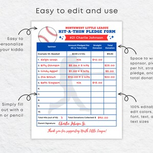 Editable Baseball Hit-a-thon Fundraiser Pledge Sheet Canva Template ...