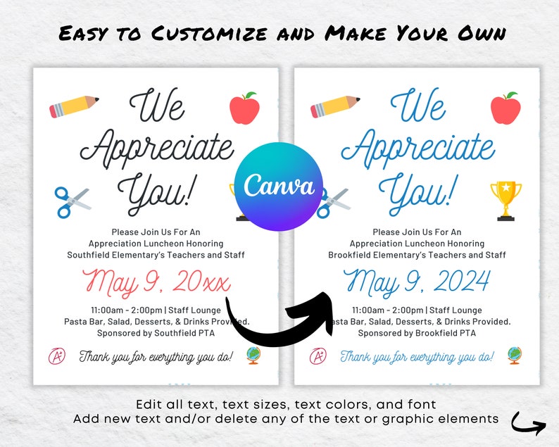 Editable Teacher Luncheon Invitation Canva Template, DIY School ...