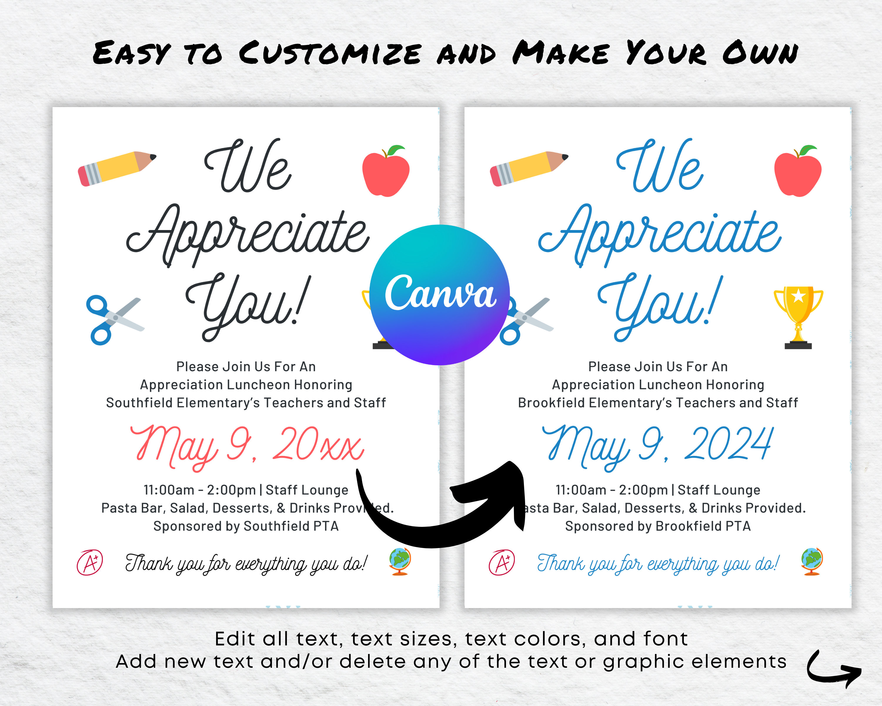 Editable Teacher Luncheon Invitation Canva Template, DIY School ...