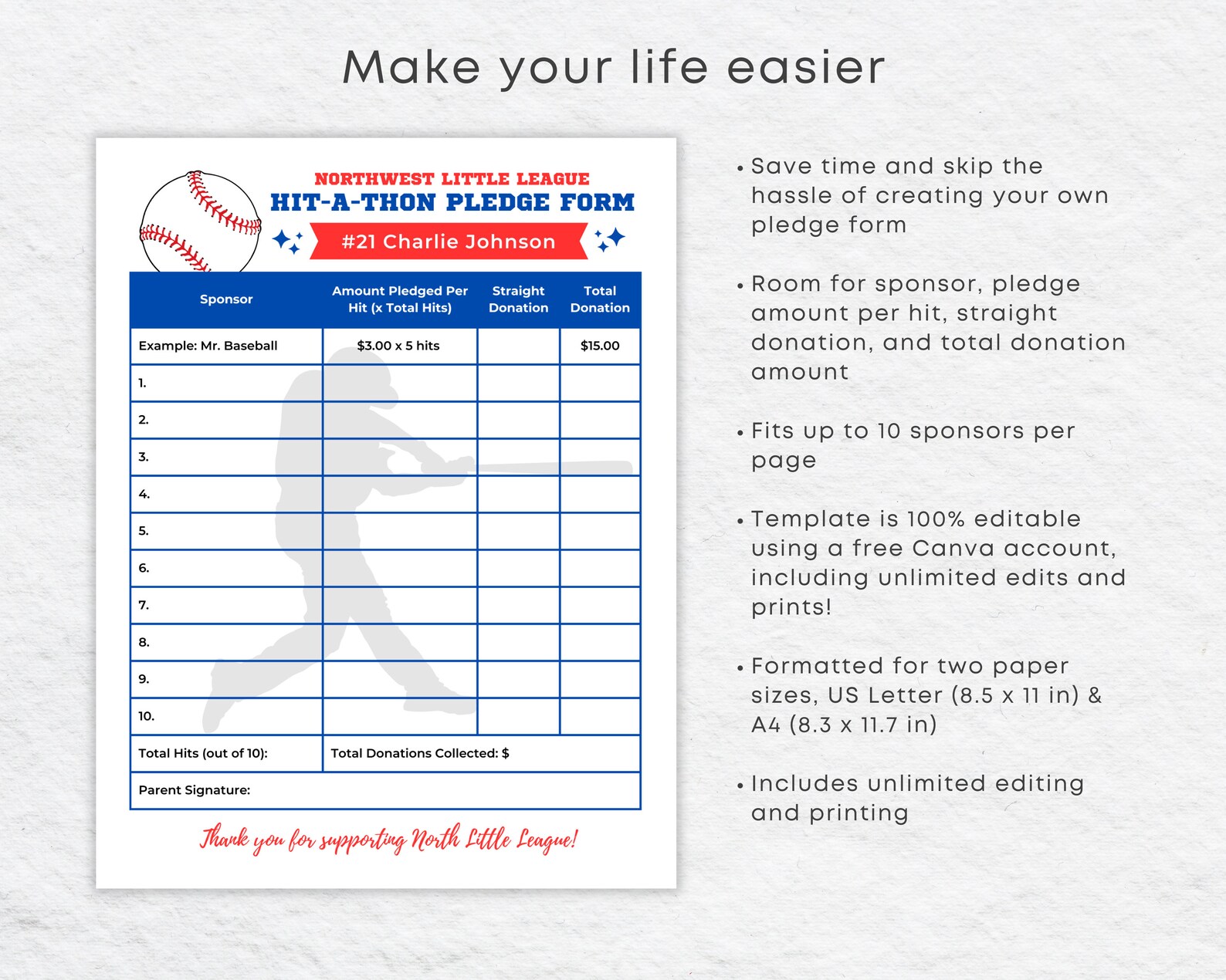 Editable Baseball Hit-a-thon Fundraiser Pledge Sheet Canva - Etsy