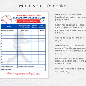 Editable Baseball Hit-a-thon Fundraiser Pledge Sheet Canva Template ...