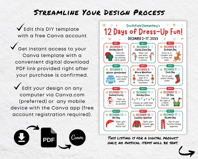12 Days of Christmas Dress up Days Itinerary Flyer: Editable Canva ...