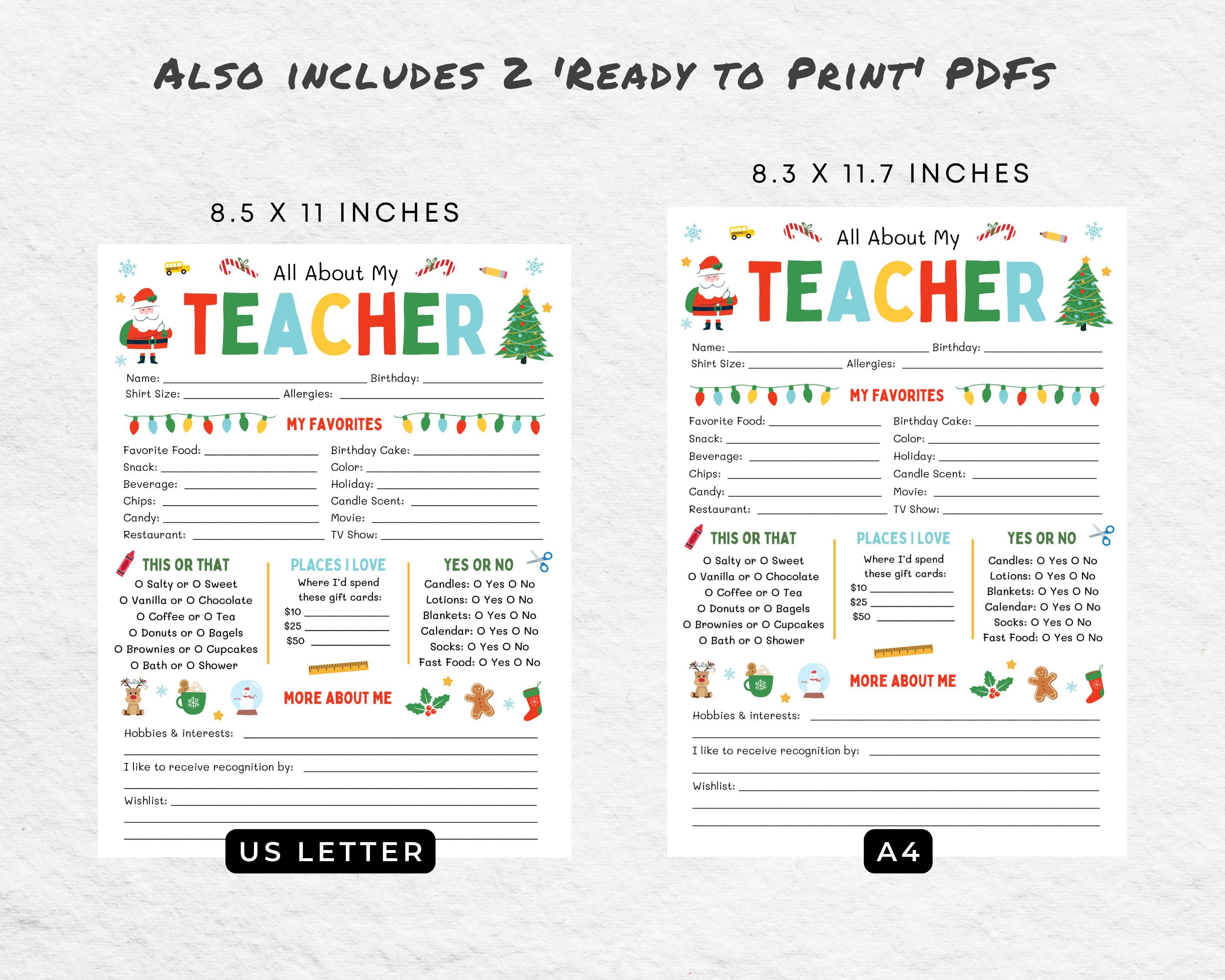Christmas All About My Teacher Printable, Holiday Favorites ...