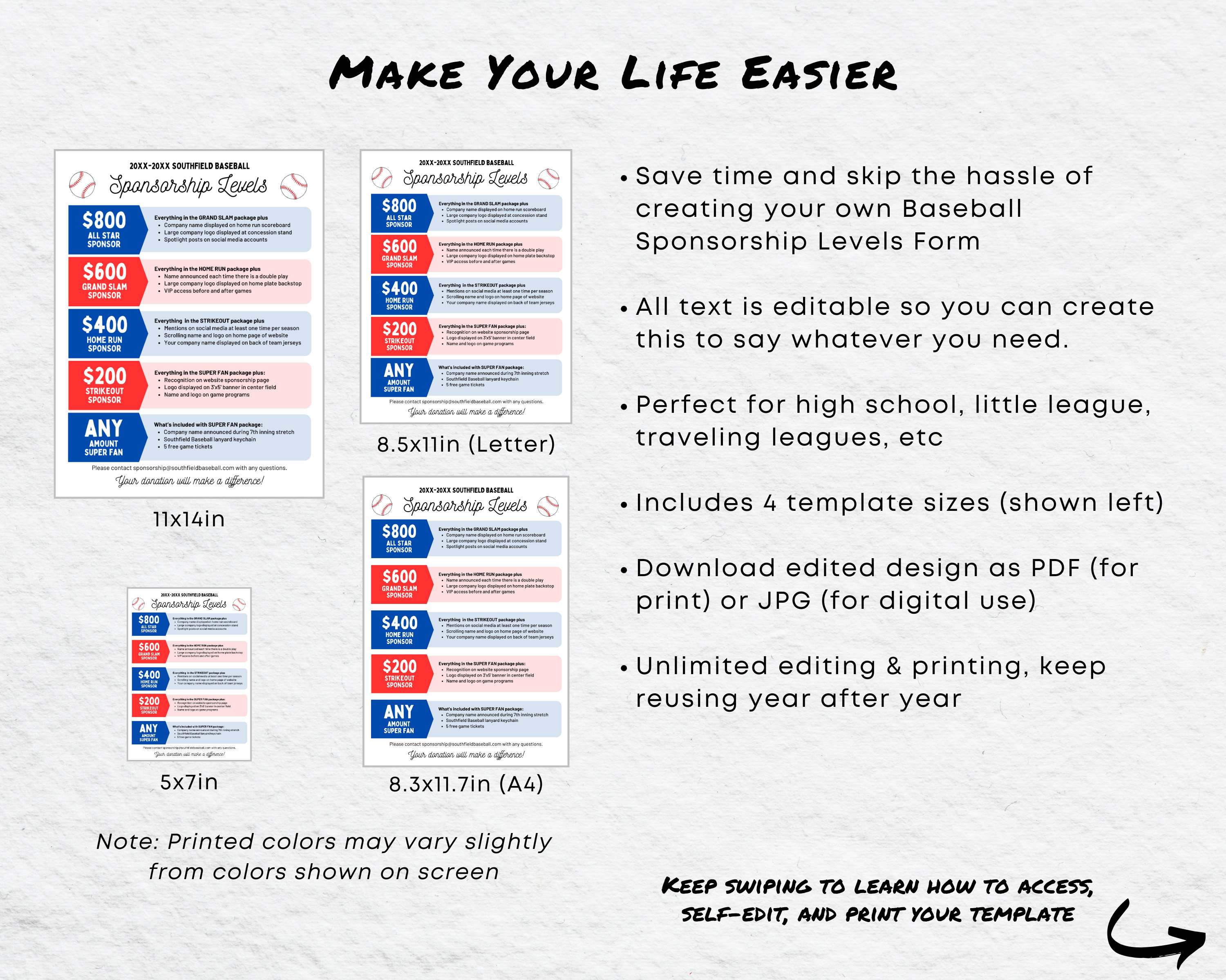 Baseball Sponsorship Levels Form Editable Template: Sponsor Menu ...