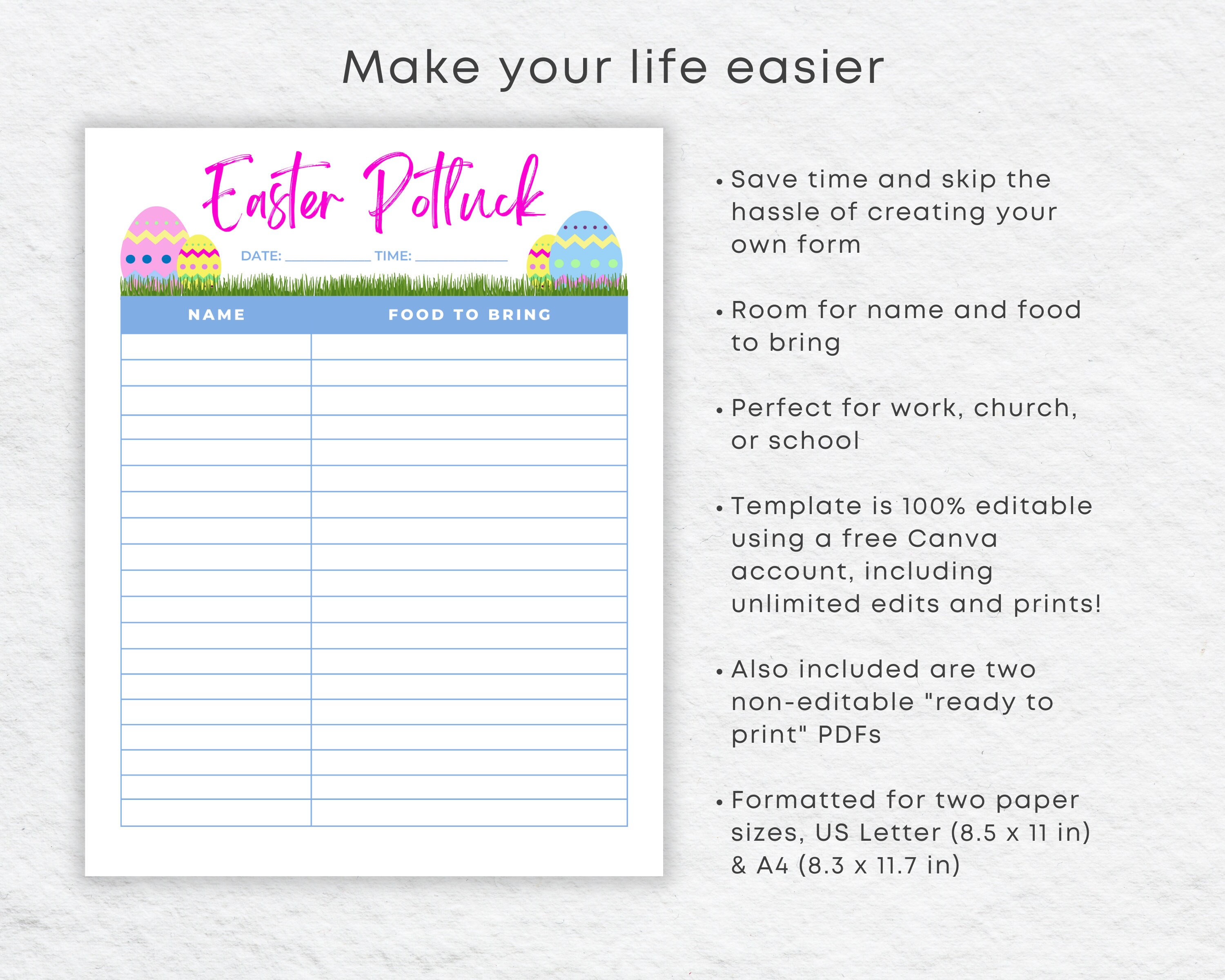 Editable Easter Potluck Sign up Sheet for Office Potluck - Etsy UK