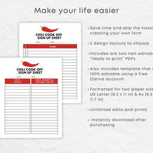 Editable Chili Cook off Sign up Sheet Printable for Community Chili ...