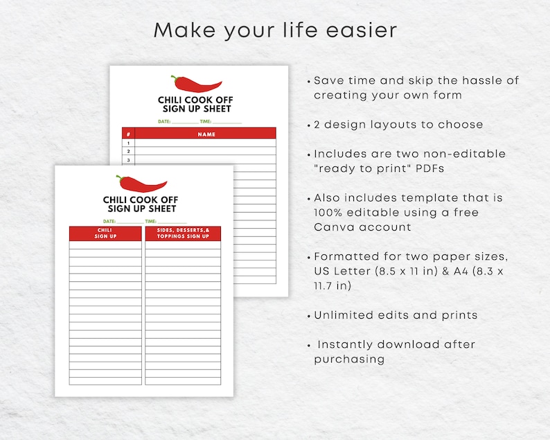 Editable Chili Cook off Sign up Sheet Printable for Community Chili ...