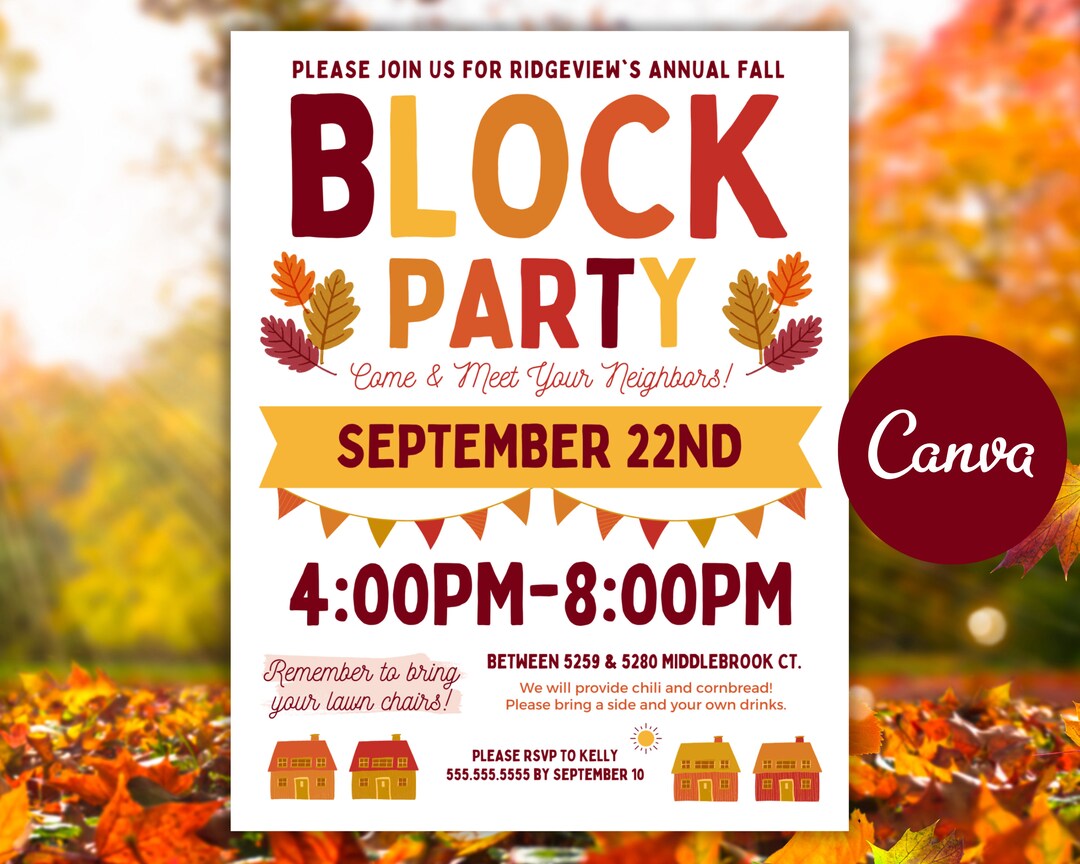 Fall Block Party Flyer Editable Template for Autumn Neighborhood Party ...