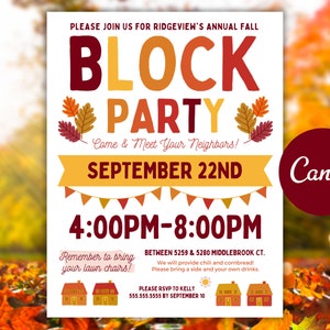 Fall Block Party Flyer Editable Template for Autumn Neighborhood Party ...
