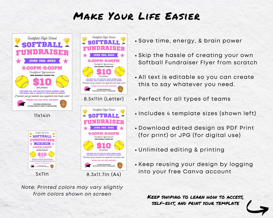Editable Softball Fundraiser Flyer Template: Canva Raffle Poster ...