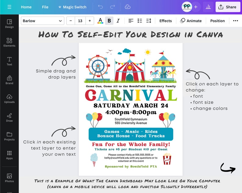 Editable School Carnival Flyer Canva Template, Spring Fair Invite ...