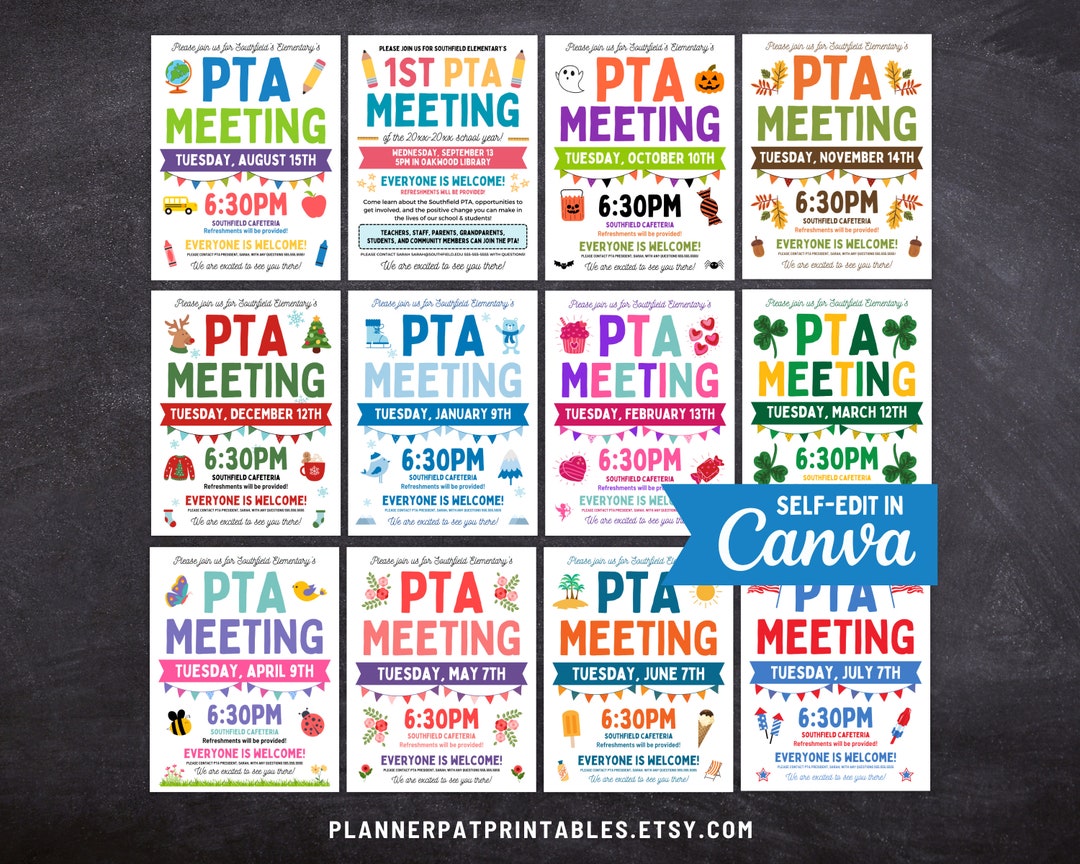 Editable Monthly PTA Meeting Flyer Bundle Canva Templates for School ...
