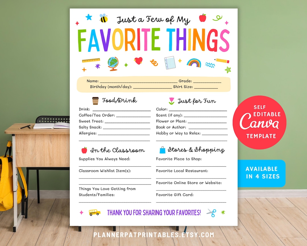 Teacher Favorite Things List: Back to School Gift Questionnaire ...