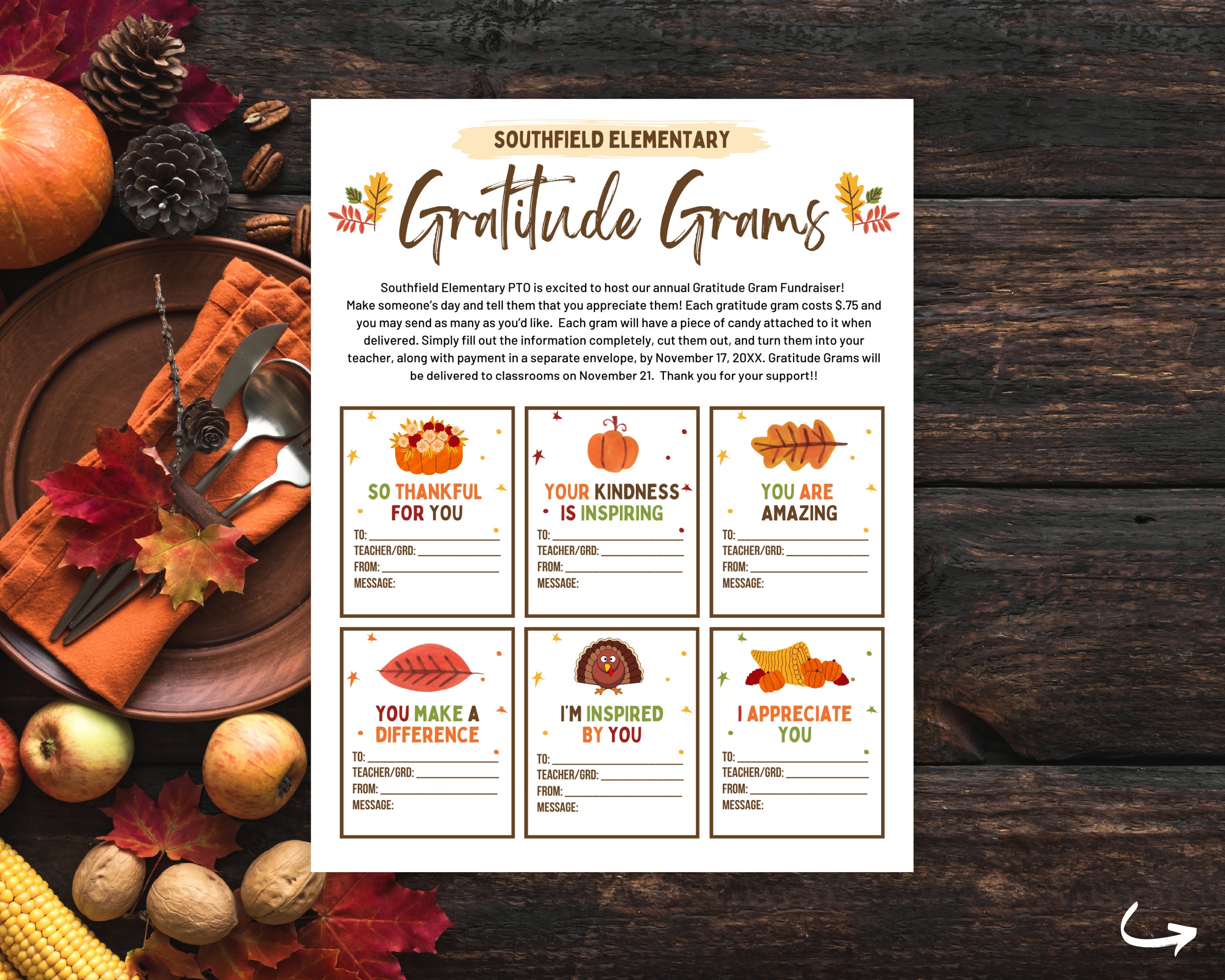 Editable Thanksgiving Gratitude Grams Canva Template: PTA PTO ...