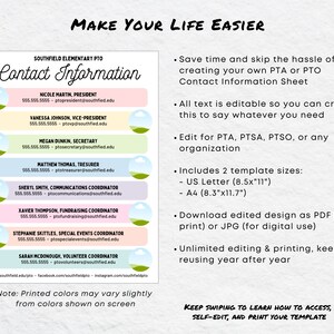 Editable PTA PTO Contact Sheet Template: Canva Printable (digital ...