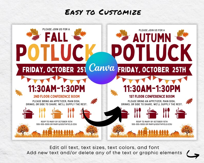 Editable Fall Potluck Flyer, Autumn Party Printable (canva Template) - Etsy