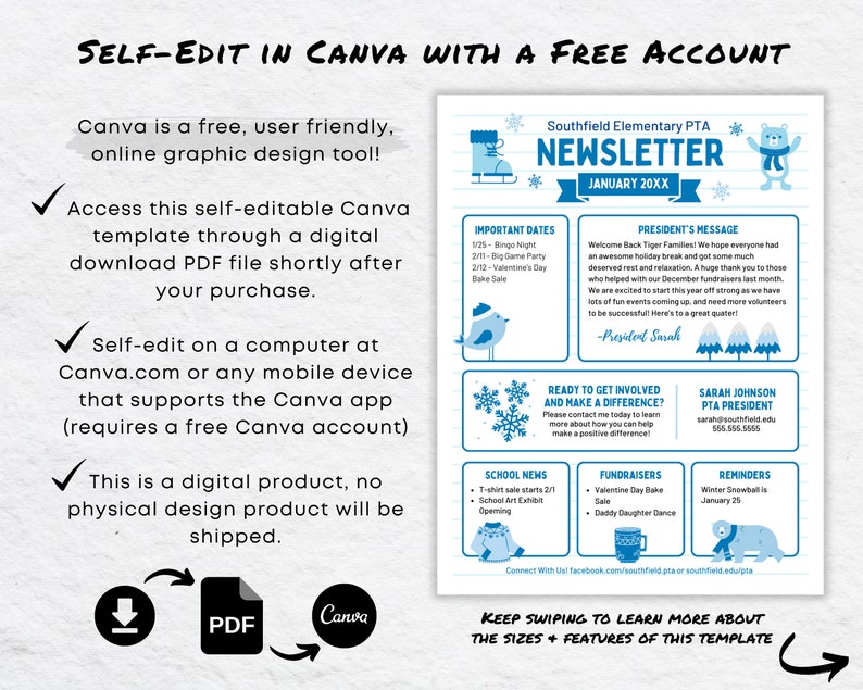 Editable PTA Newsletter Winter Template - January School Bulletin ...
