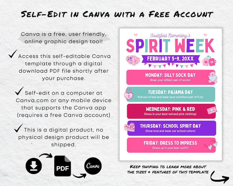 Valentines Spirit Week Flyer Template, Editable School Event Schedule ...