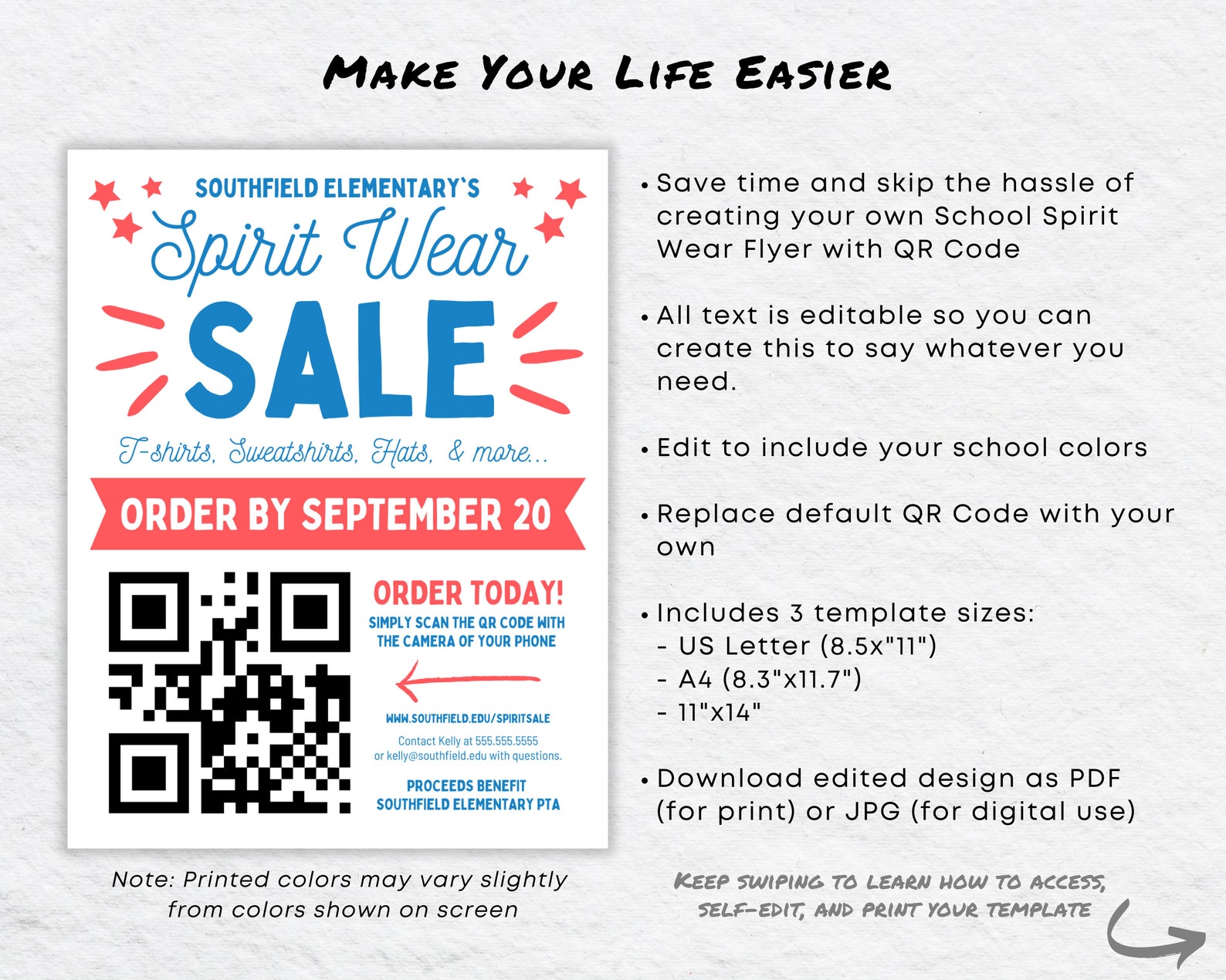 Editable School Spirit Wear Flyer Template: Fundraiser Poster (digital ...
