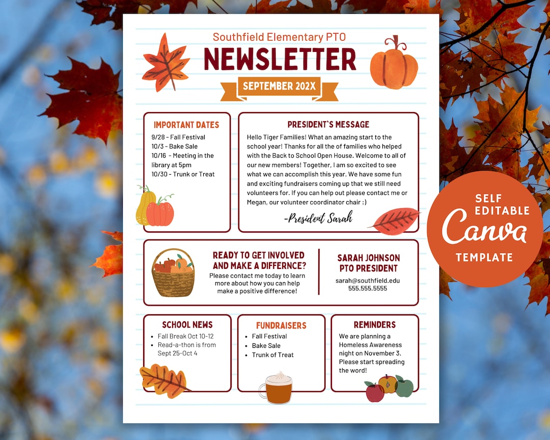 Editable PTA PTO September Newsletter Template Printable, Edit in Canva ...