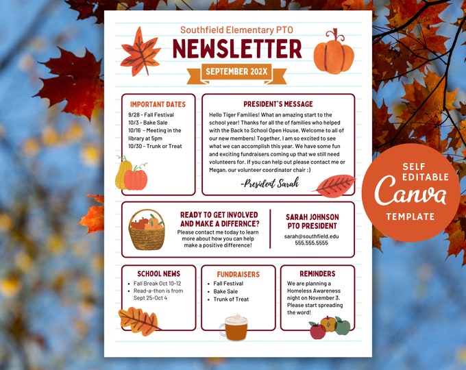 PTA Newsletter Editable Template for Highlighting Monthly School ...