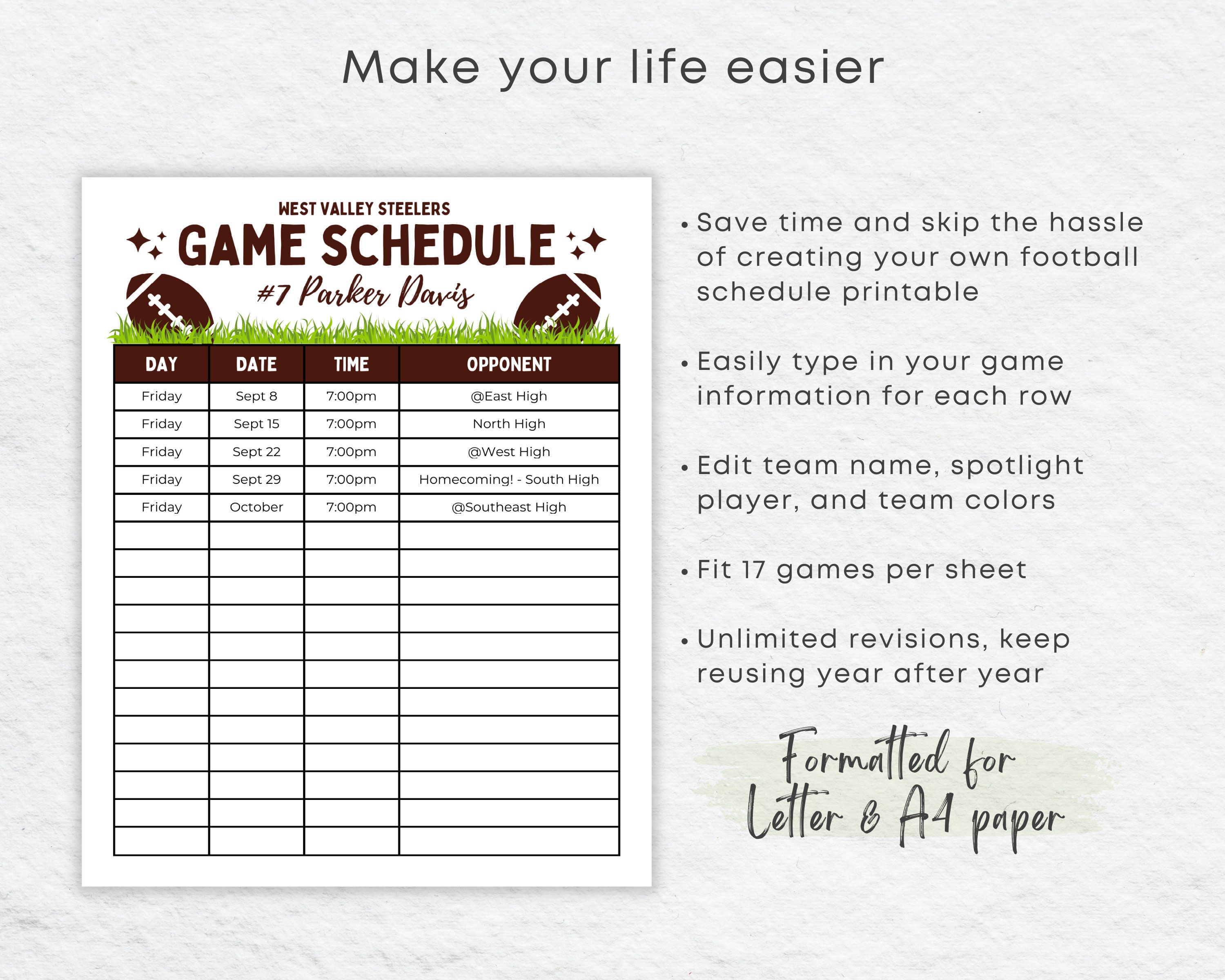 Editable Football Schedule Template | Practice & Game Calendar for ...