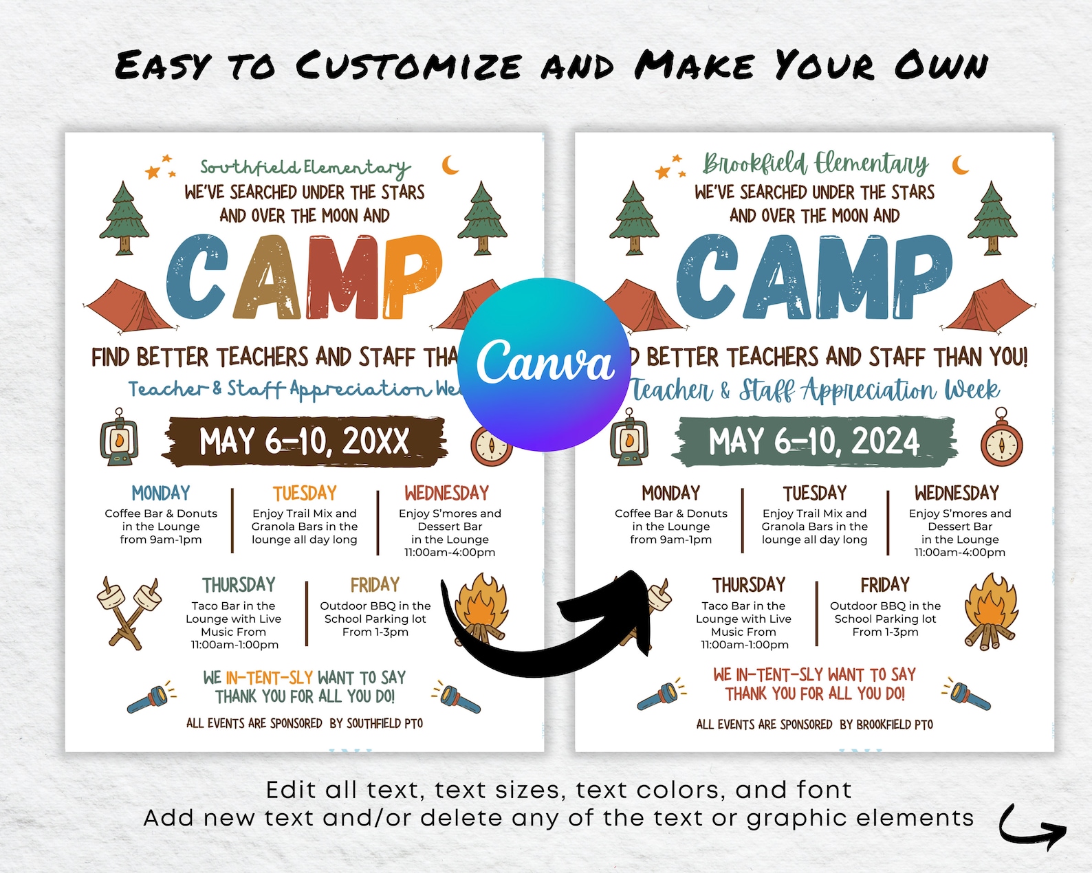 Editable Camp Theme Teacher & Staff Appreciation Day Camping Itinerary ...