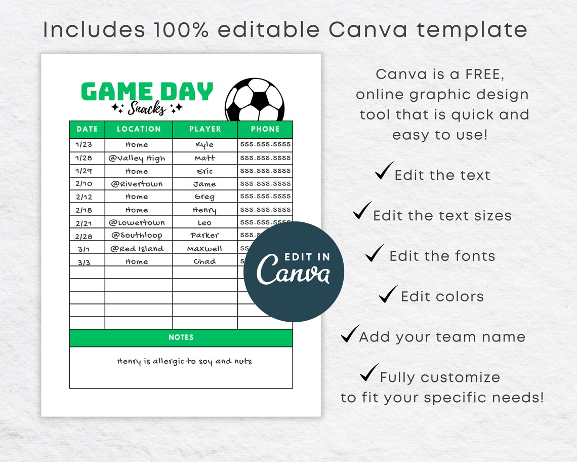 Soccer Snack Schedule Sign up Sheet Printable, Editable Canva Template ...