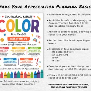 Rainbow Teacher Appreciation Week Coloring Itinerary Flyer (canva ...