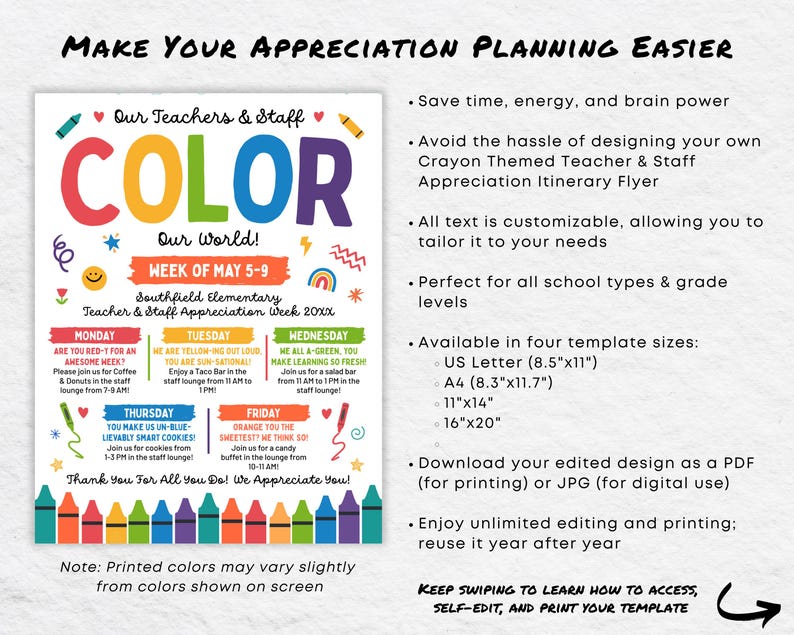 Rainbow Teacher Appreciation Week Coloring Itinerary Flyer (canva ...