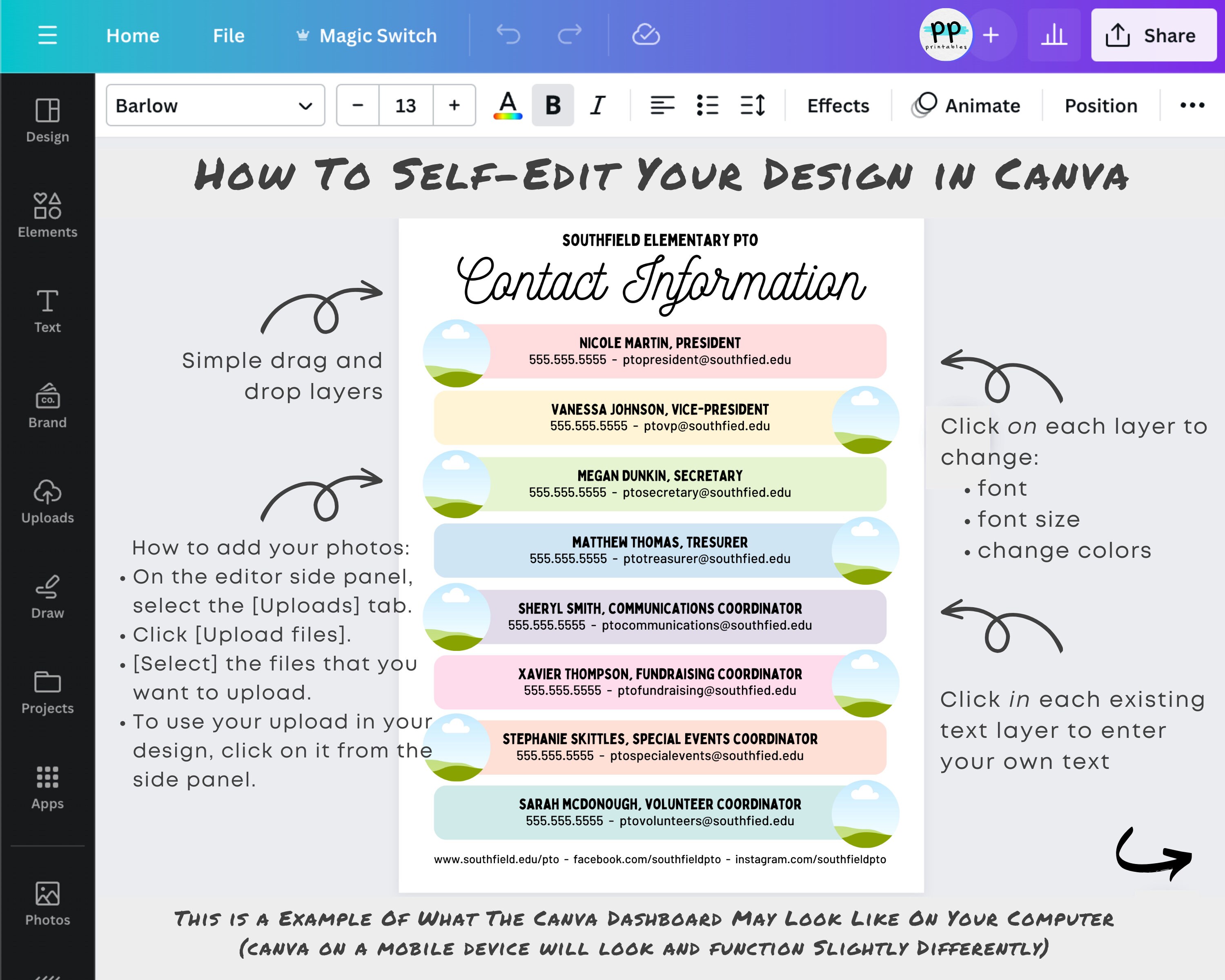 Editable PTA PTO Contact Sheet Template: Canva Printable (digital ...