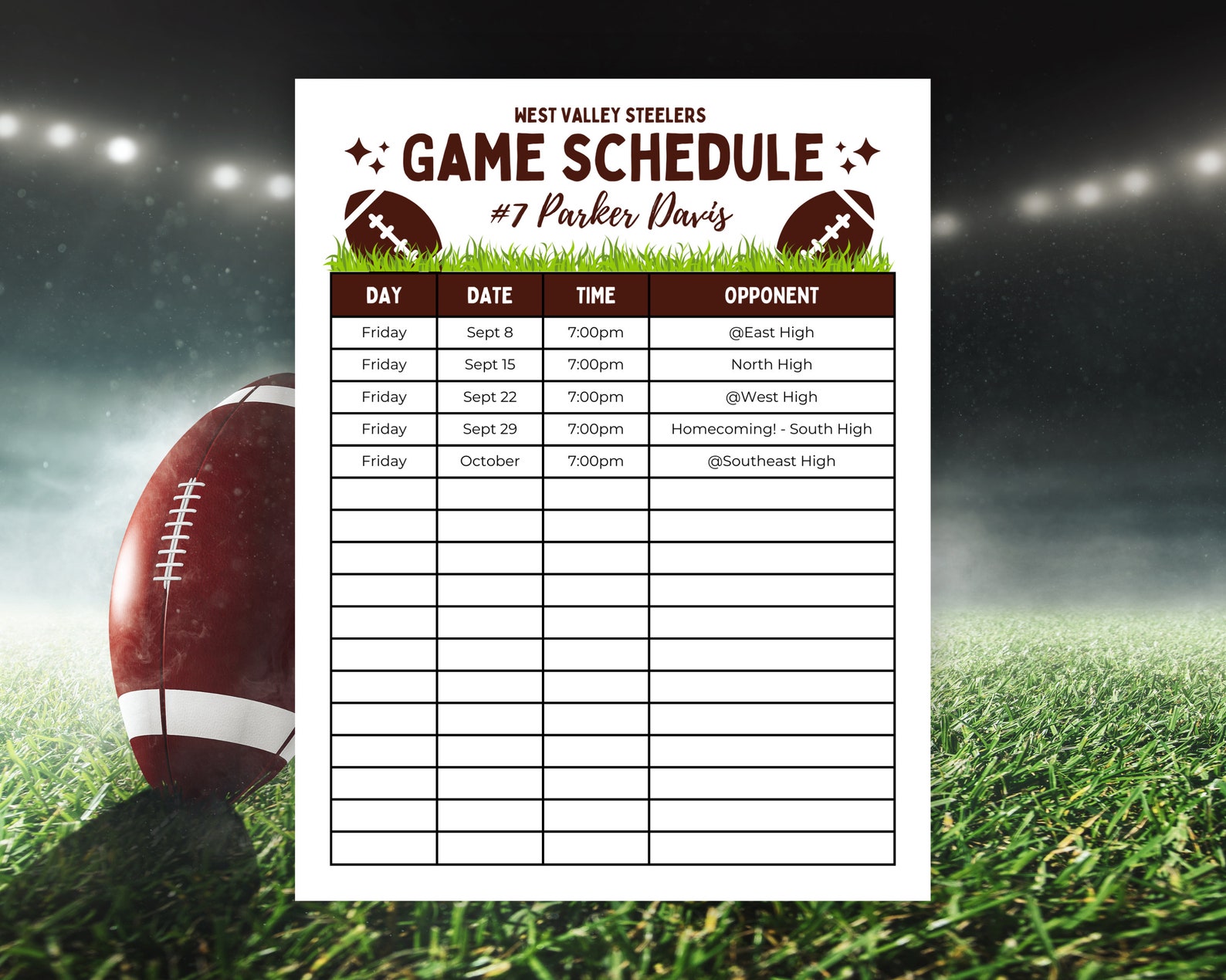 Editable Football Schedule Template | Practice & Game Calendar for ...