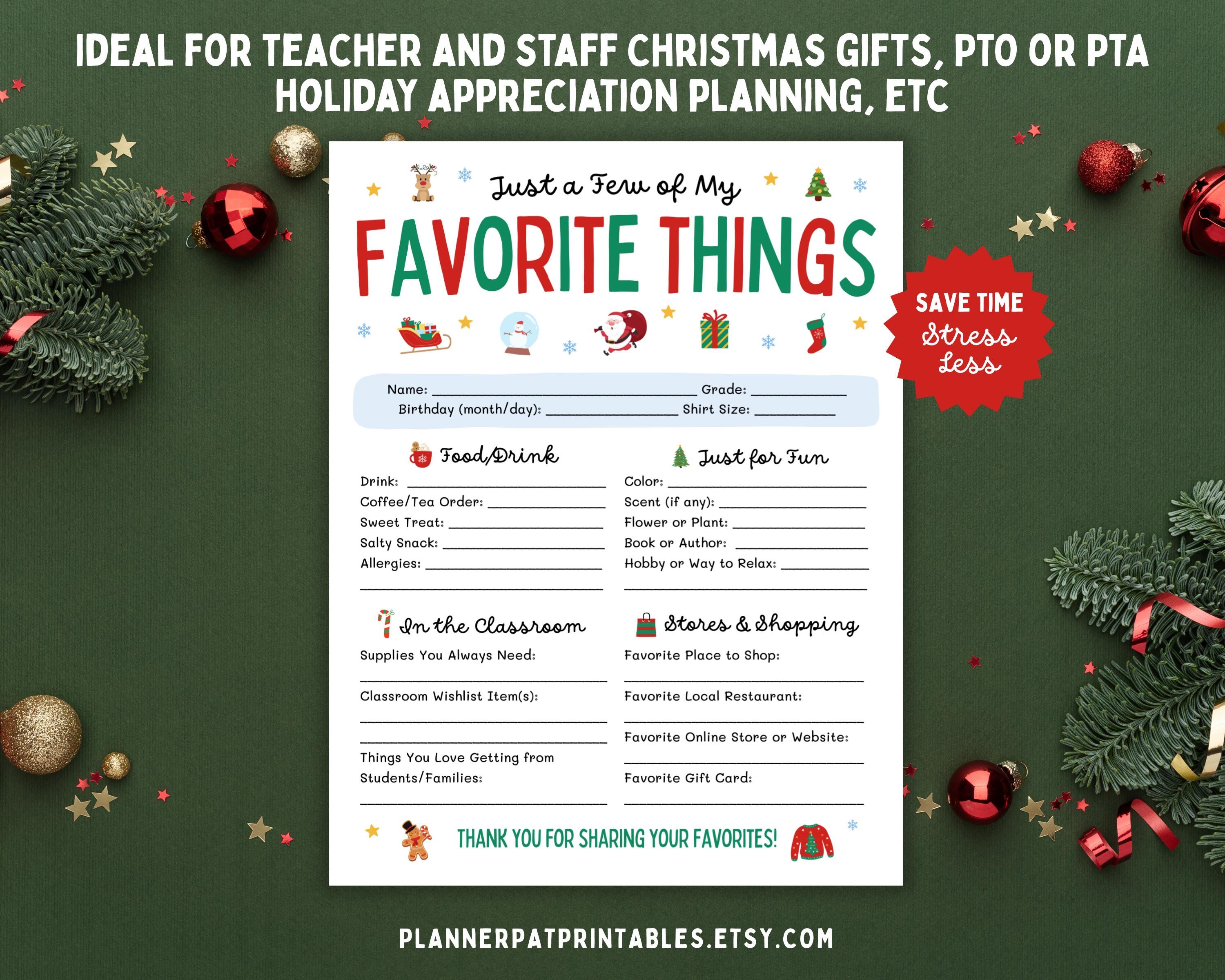 Christmas Teacher Favorite Things List: Editable Gift Questionnaire ...