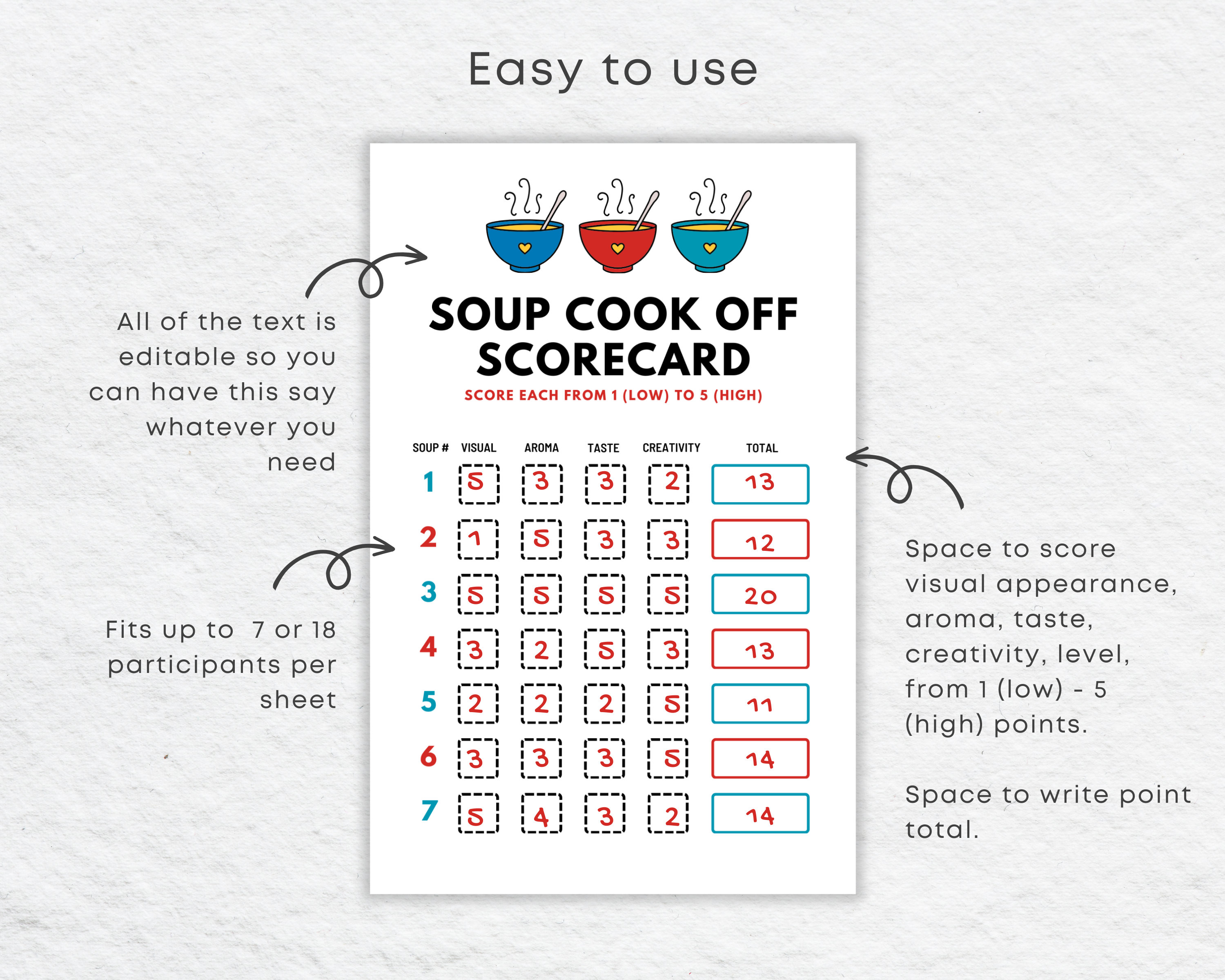 Soup Cook off Scorecard Printable for Soup Competition, Editable in ...