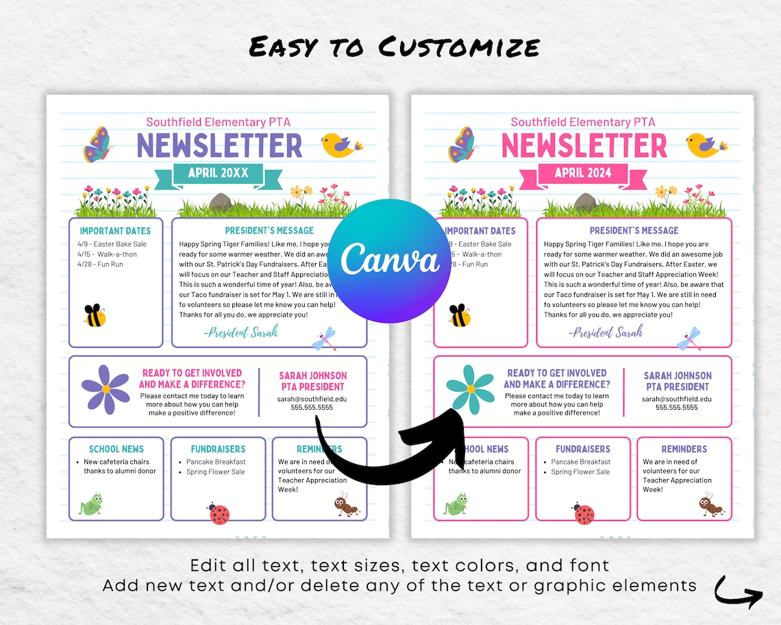 Editable April Newsletter Template, Spring PTO PTA School News, Canva ...