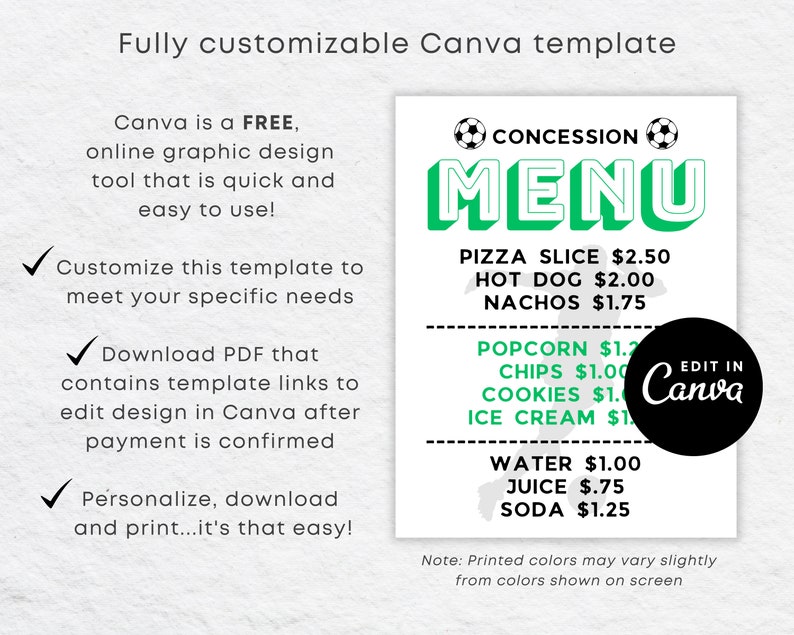 DIY Soccer Concession Stand Menu Price Sheet Canva Editable - Etsy