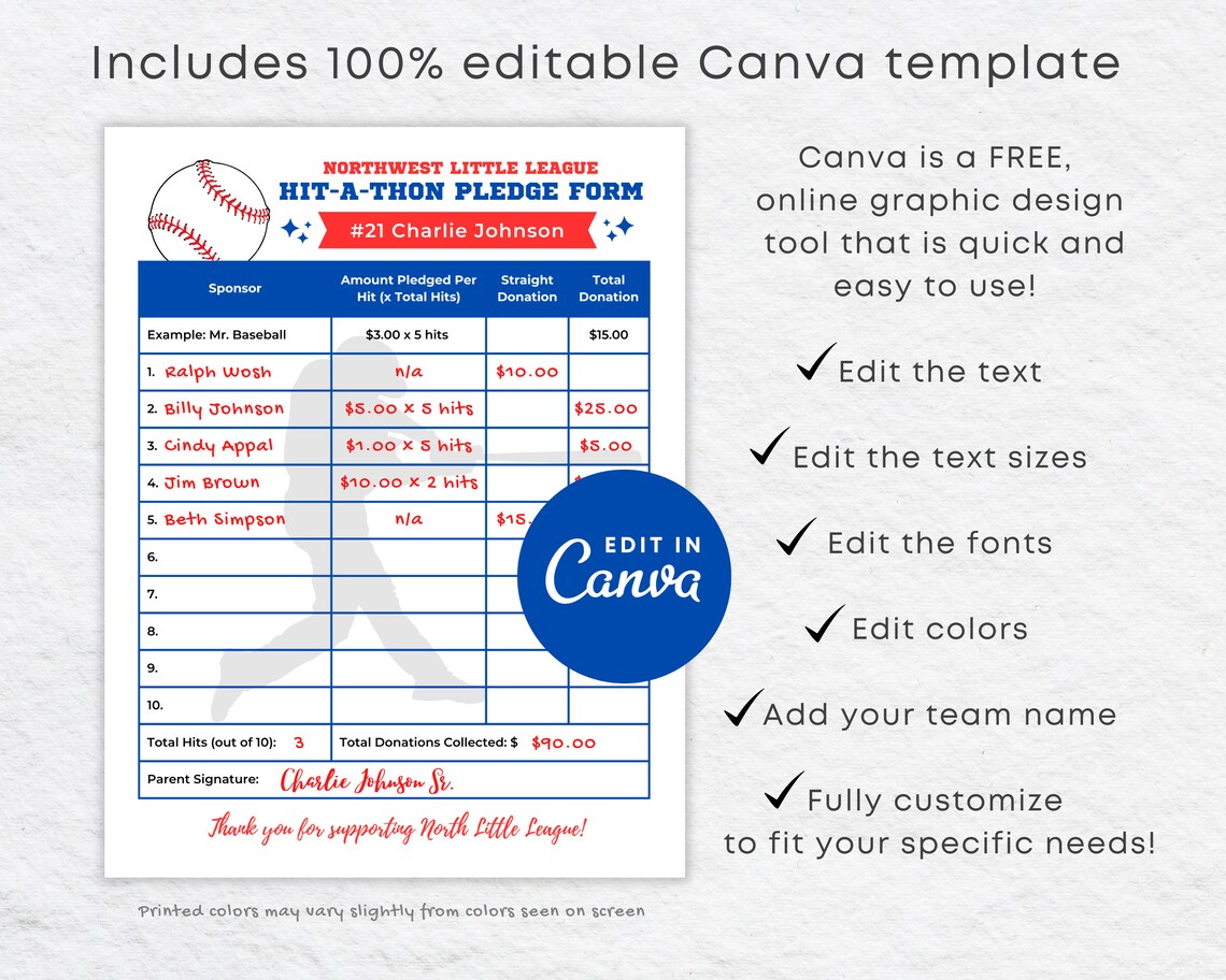 Editable Baseball Hit-a-thon Fundraiser Pledge Sheet Canva Template ...