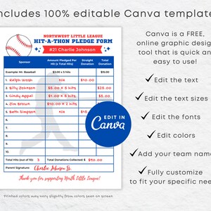 Editable Baseball Hit-a-thon Fundraiser Pledge Sheet Canva Template ...