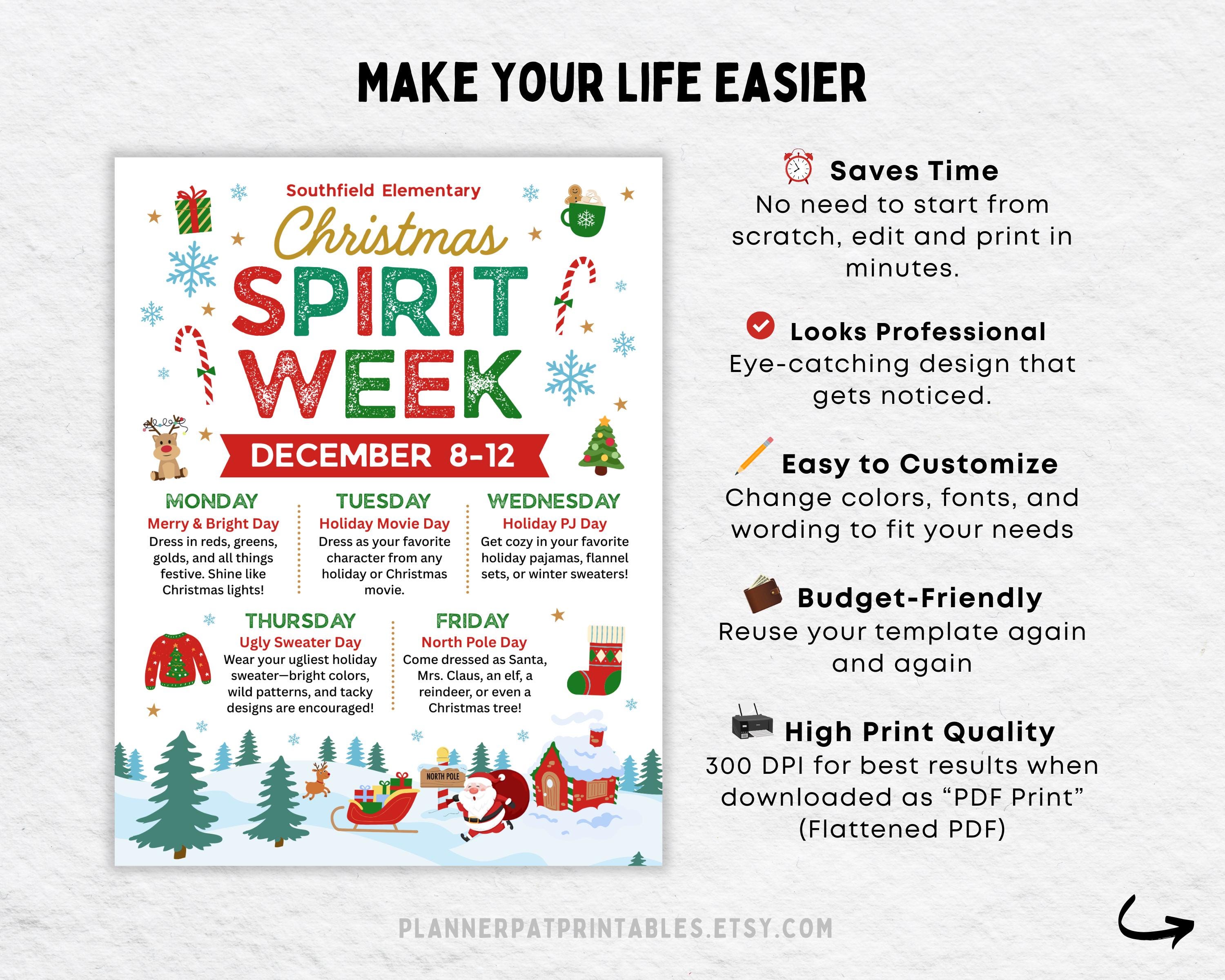 Christmas Spirit Week Flyer | Editable School Dress-up Days Schedule ...