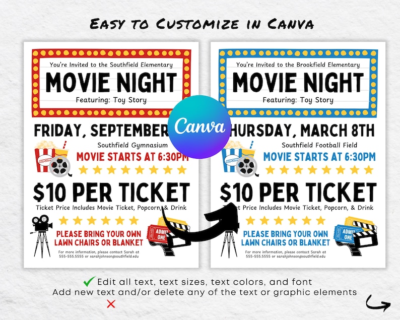 Editable Family Movie Night Flyer Template: Canva School Movie Party ...
