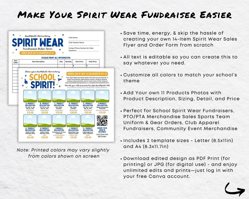 Editable Spirit Wear Order Form Template: PTA PTO Fundraiser Flyer ...