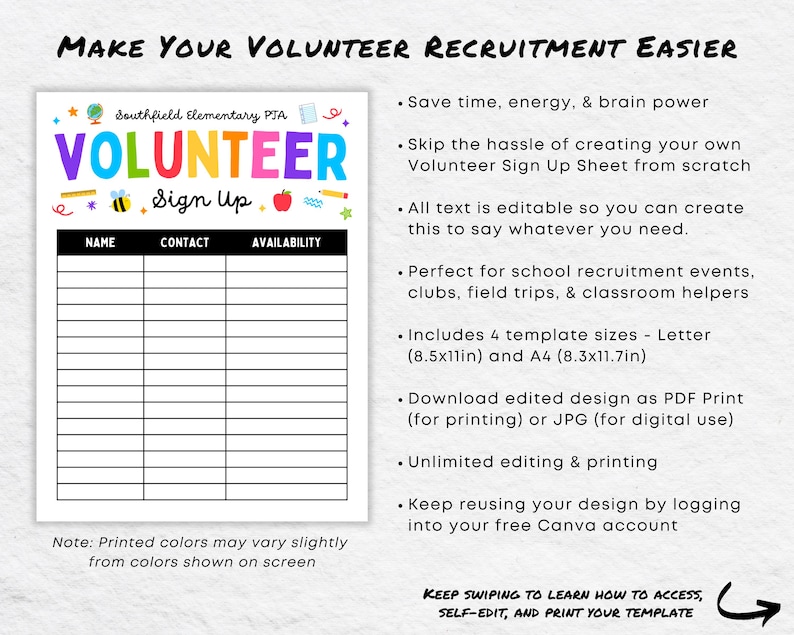 Editable Volunteer Sign up Sheet Template: PTA/PTO Recruitment Form ...