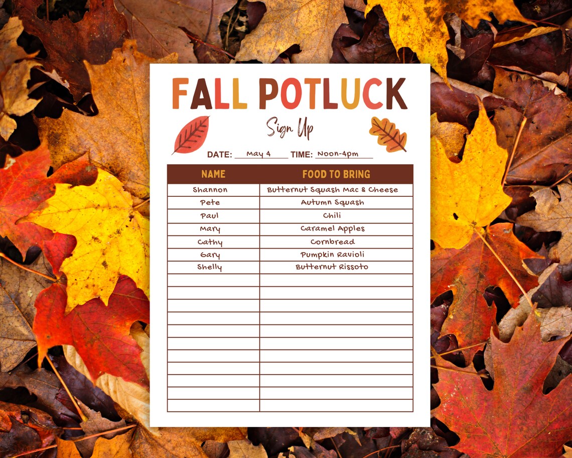 Fall Potluck Sign up Sheet Printable Autumn Harvest Potluck Party ...